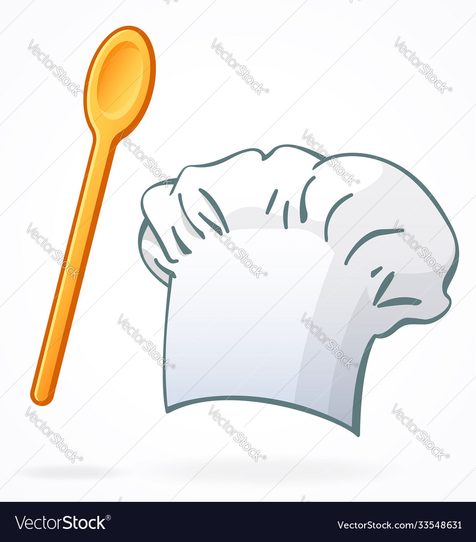 Cartoon chefs hat toque blanche and wooden spoon Vector Image