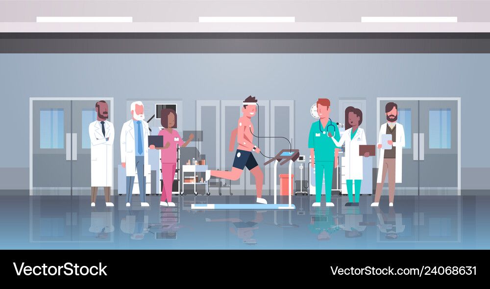 Doctors group checking male patient running Vector Image