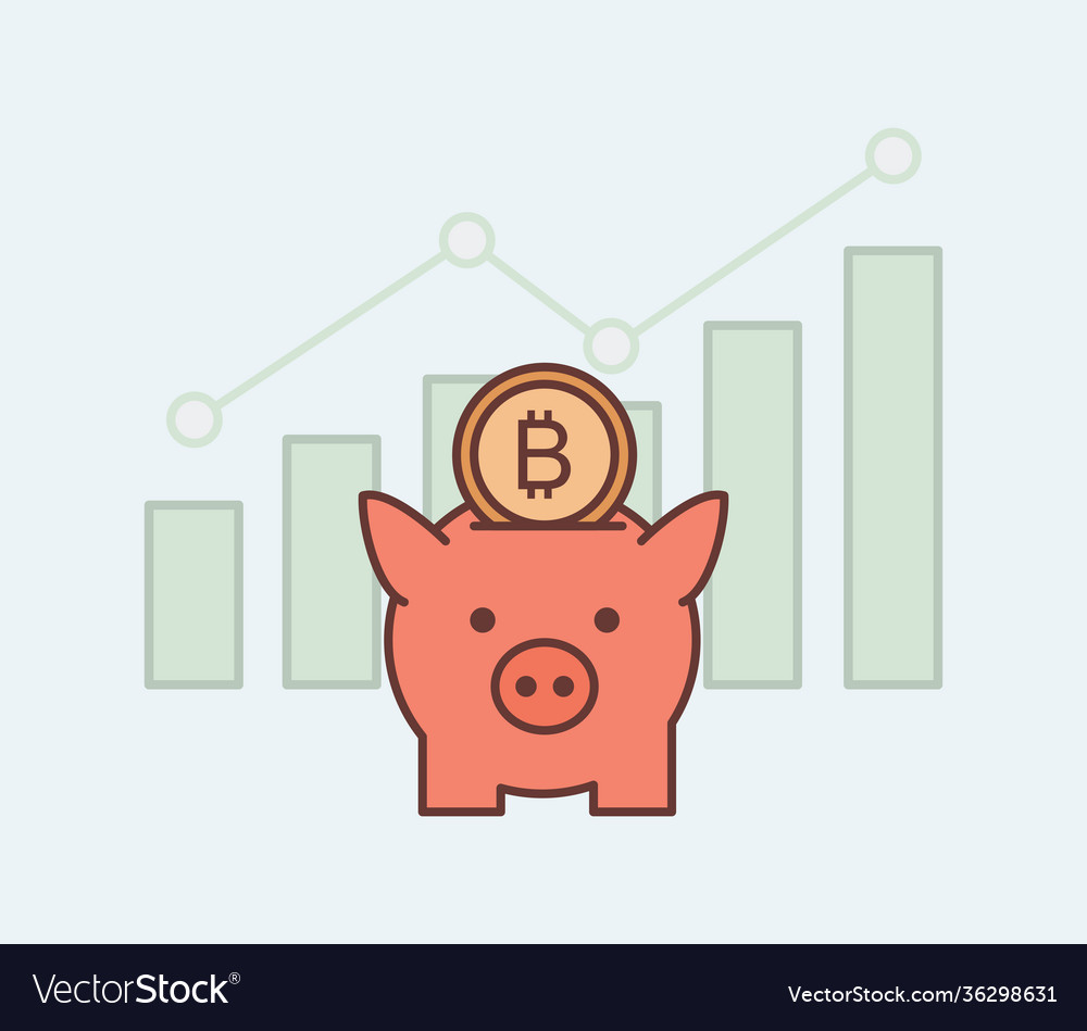 Piggy bank with bitcoin cartoon outline Royalty Free Vector
