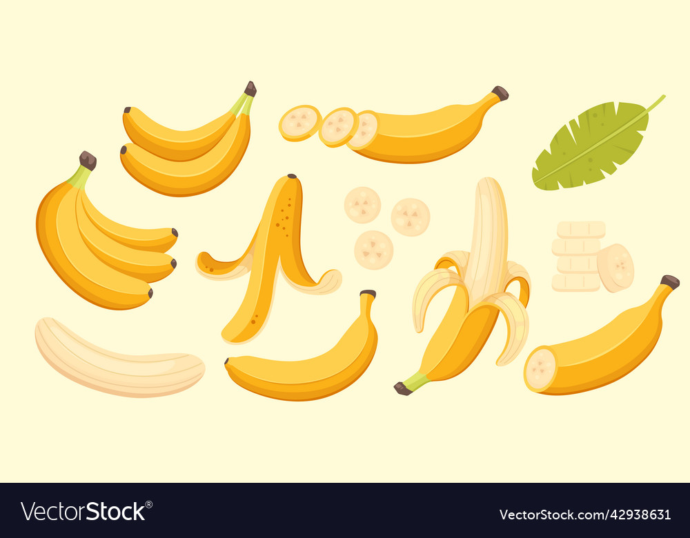 Set of cartoon yellow bananas single Royalty Free Vector