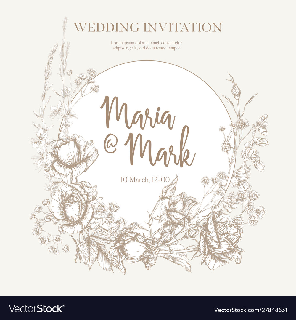 Wedding invitation with roses and spring flowers Vector Image