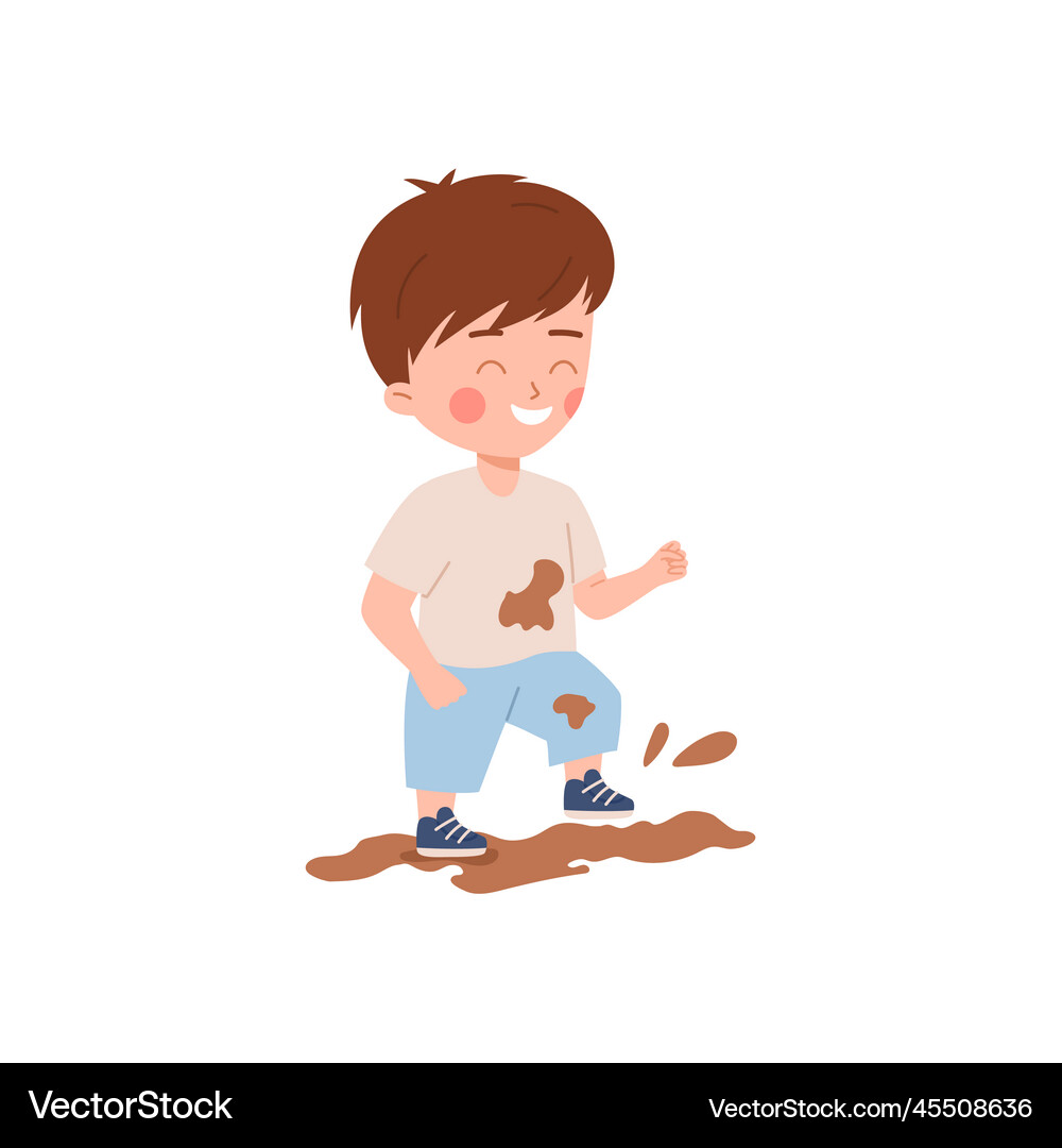 Happy little kid playing in mud cartoon flat Vector Image
