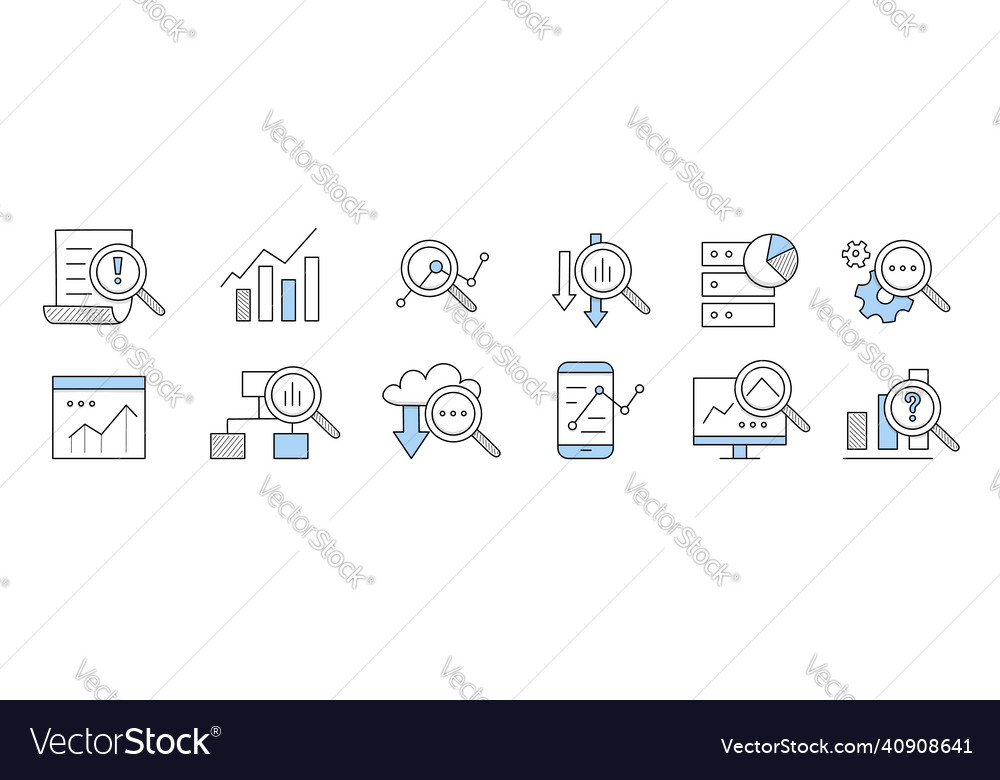 Data analysis icons analytics research Royalty Free Vector