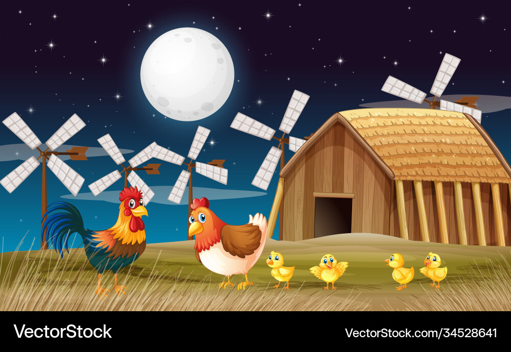 Farm scene with barn and windmill chicken Vector Image
