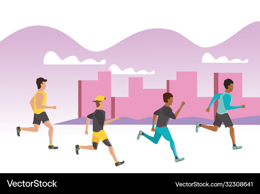 Young men running athletes on city Royalty Free Vector Image