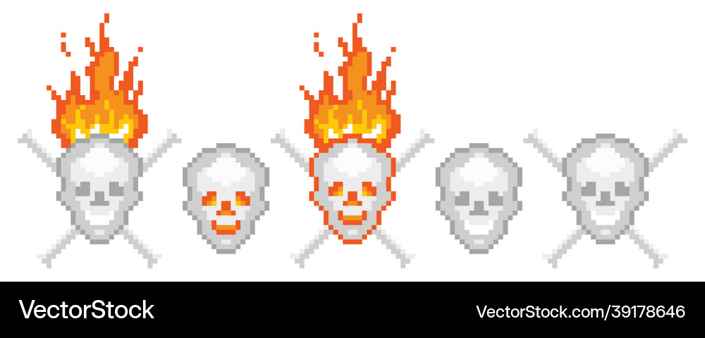 Human pixel skulls flaming jolly roger bones Vector Image