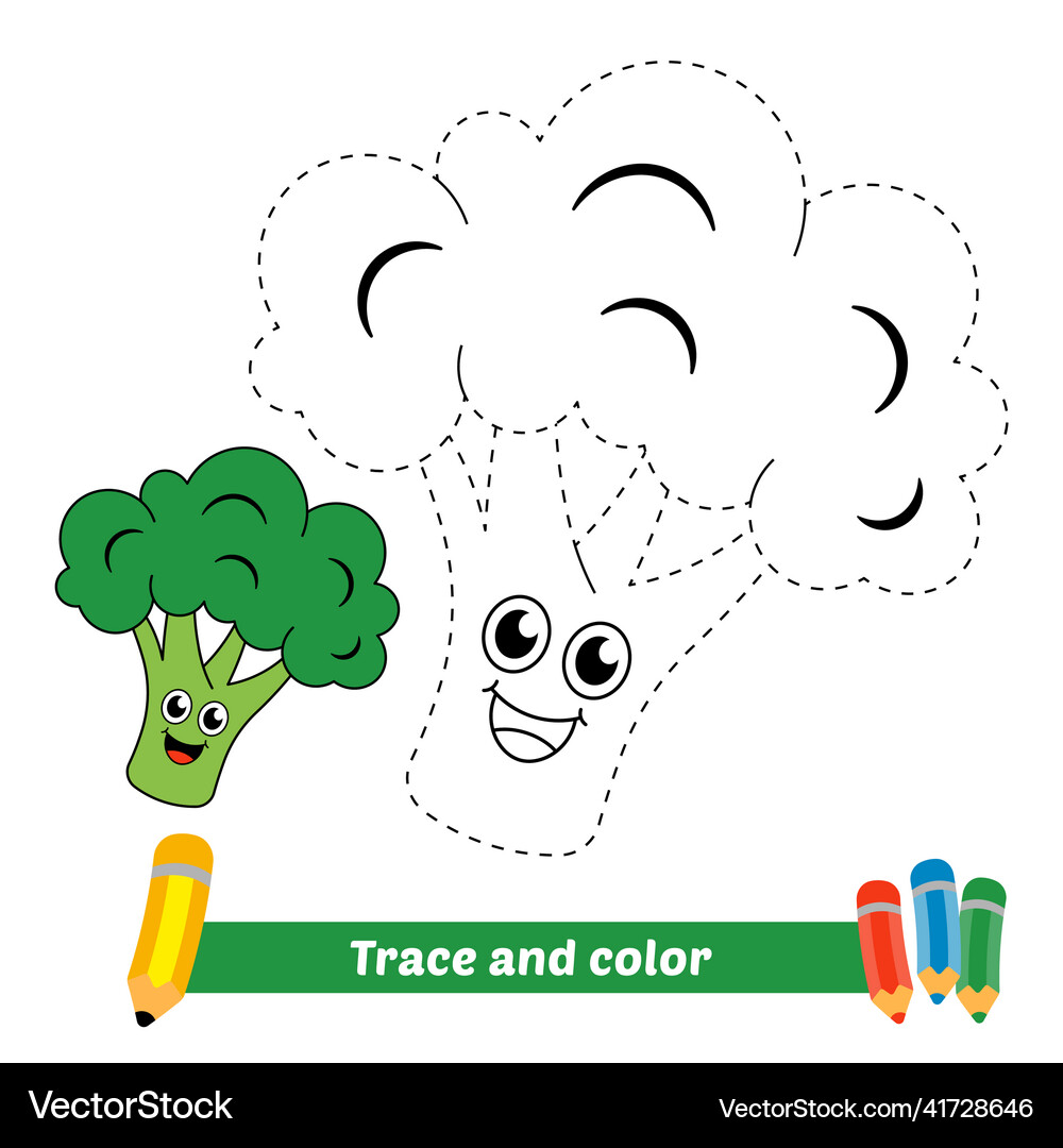 Trace and color for kids broccoli Royalty Free Vector Image