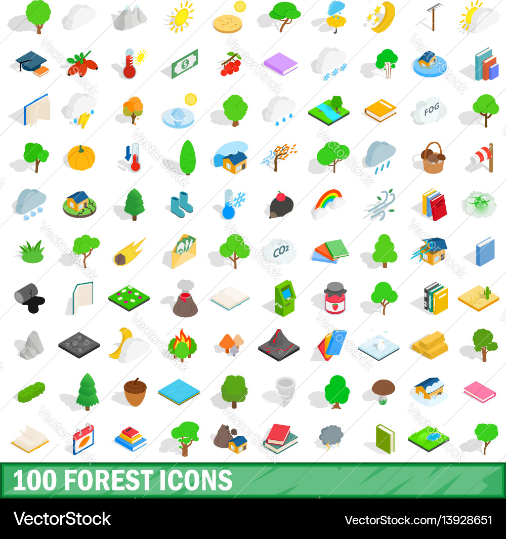 100 forest icons set isometric 3d style Royalty Free Vector