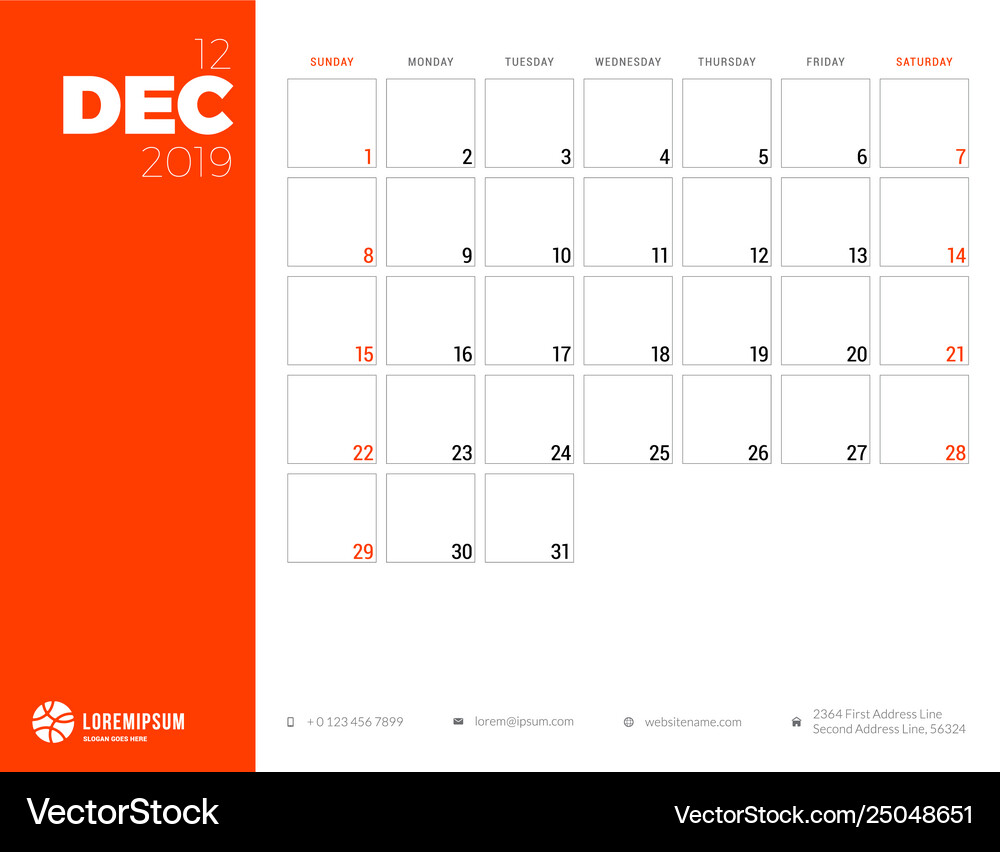 Calendar planner for december 2019 week starts Vector Image