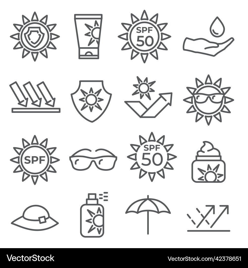 Sun protection line icons on white background Vector Image