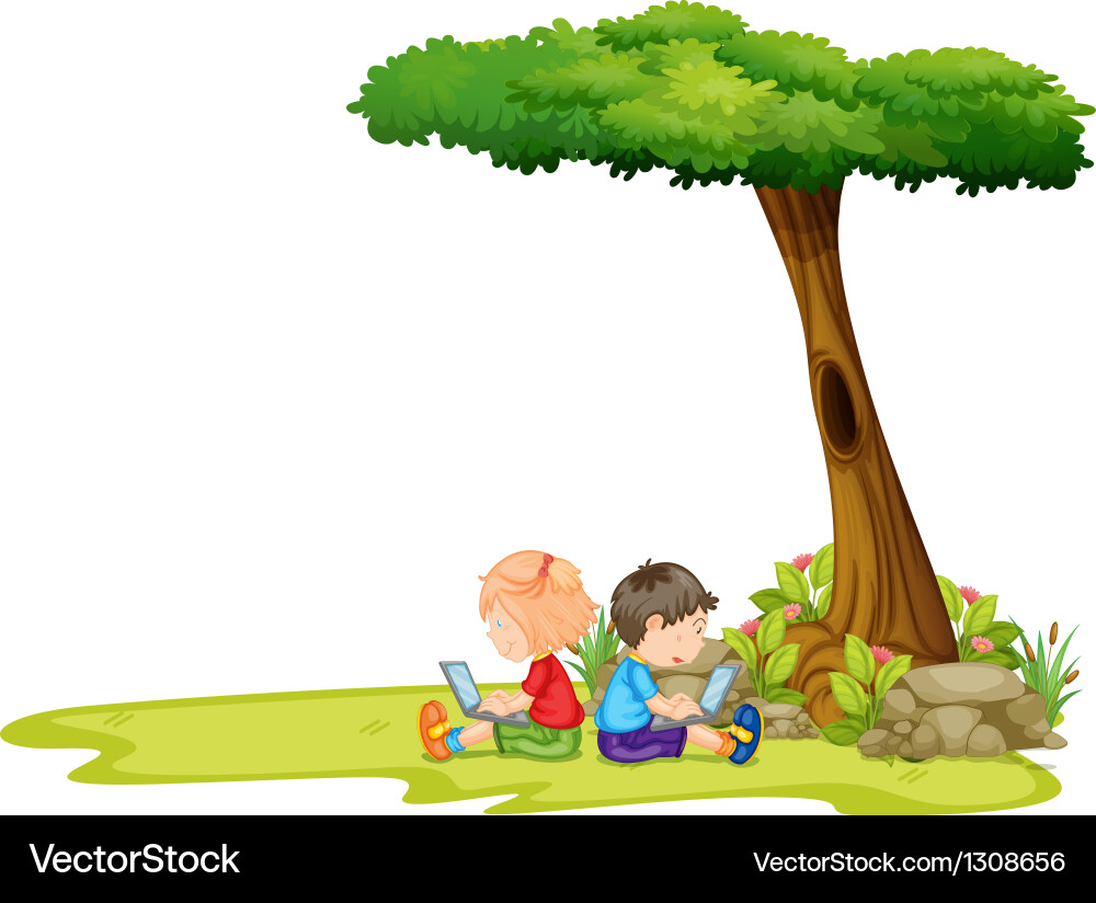 A girl and boy with laptops under the tree Vector Image