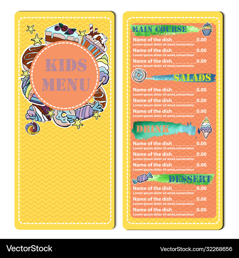 Cute colorful kids restaurant menu template Vector Image