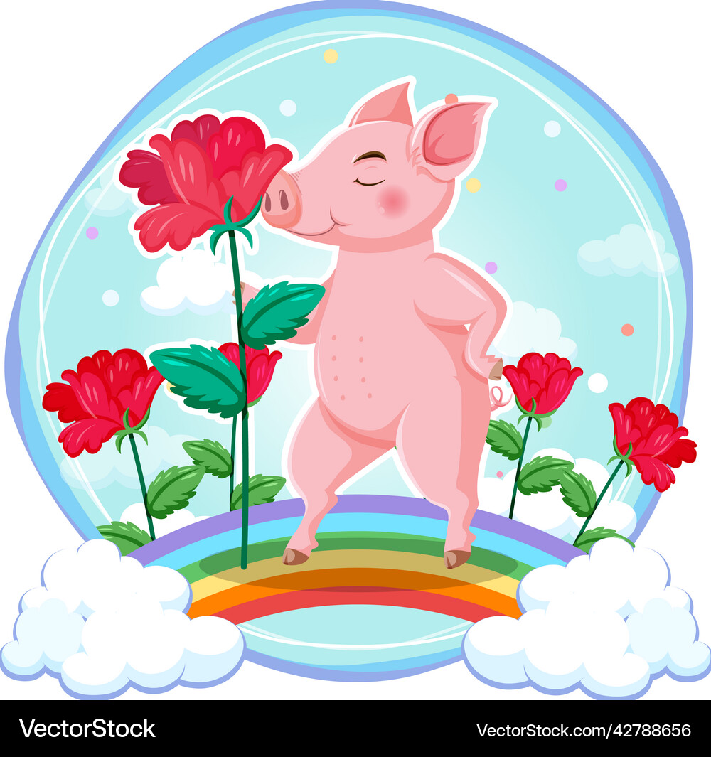 Pig with roses in cartoon style Royalty Free Vector Image