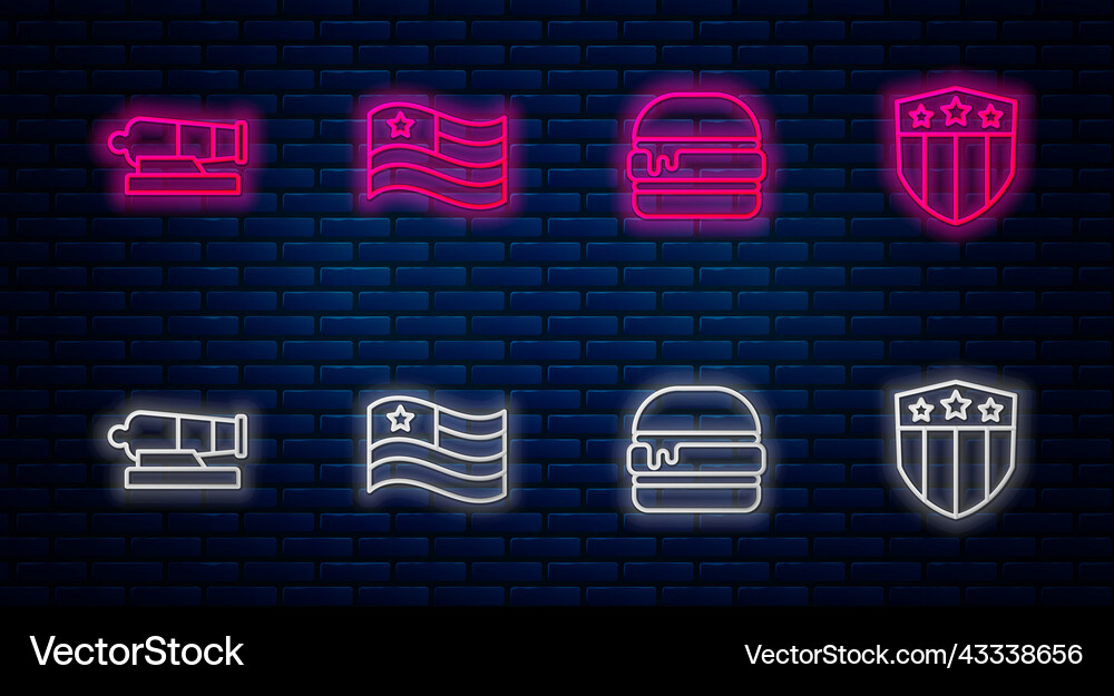 Set line american flag burger cannon and shield Vector Image