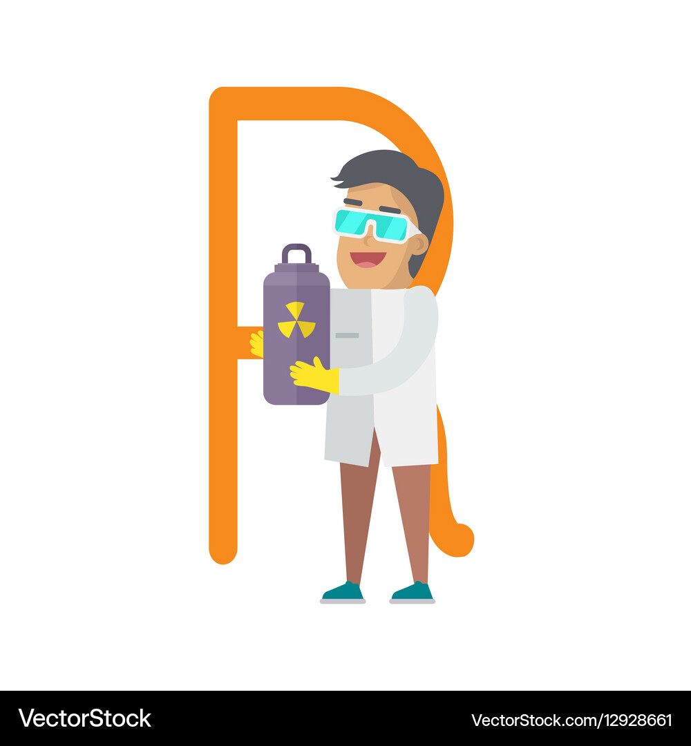 R letter and scientist with radiation container Vector Image