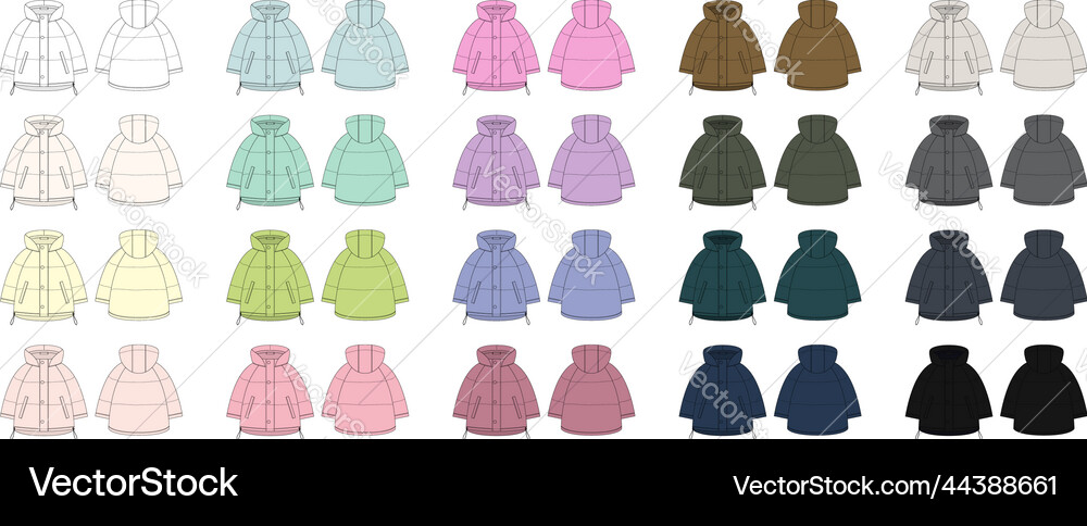 Set of oversized raglan puffer winter down coat Vector Image