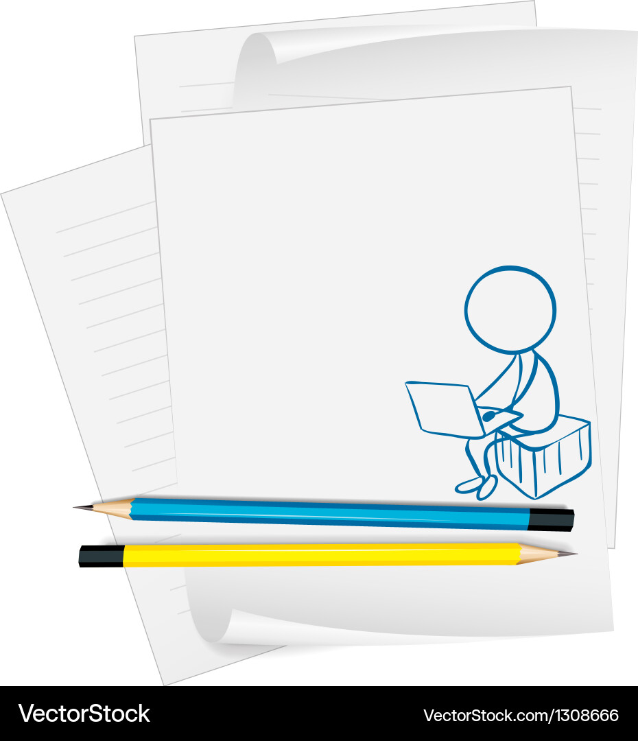 A paper with drawing of boy using laptop Vector Image