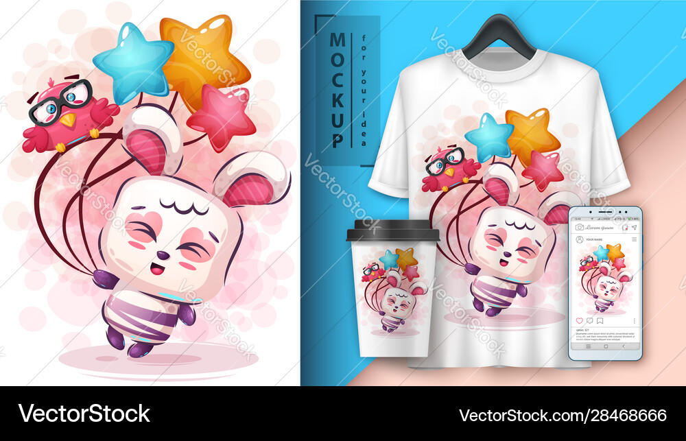 Fly rabbit poster and merchandising Royalty Free Vector