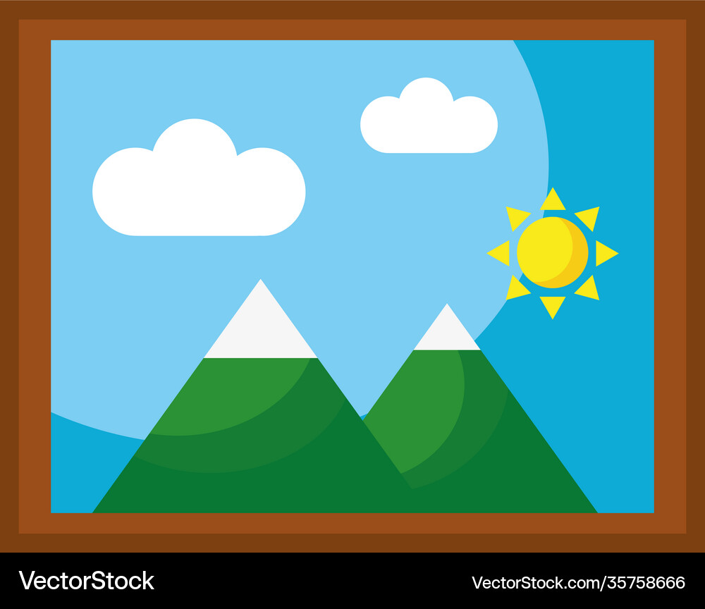 Picture with mountains and sun scene flat style Vector Image