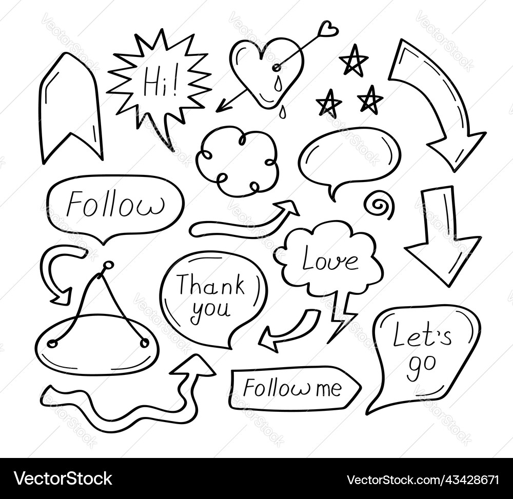 Hand drawn arrows talk bubbles with follow me Vector Image