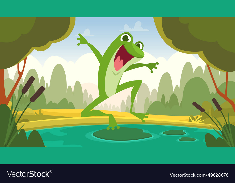 Frog jumping happy animal in pond Royalty Free Vector Image