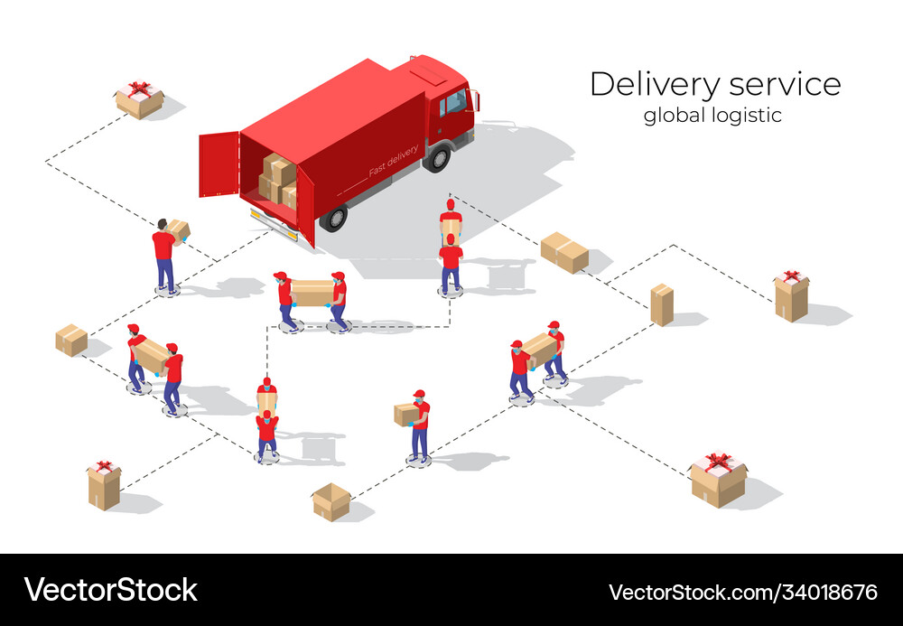 Isometric big set delivery man logistics icons Vector Image