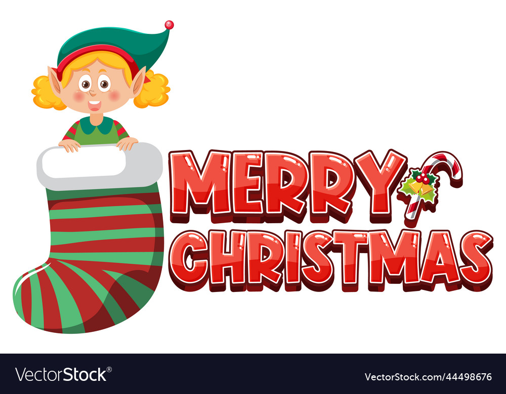 Merry christmas text with elf in sock Royalty Free Vector