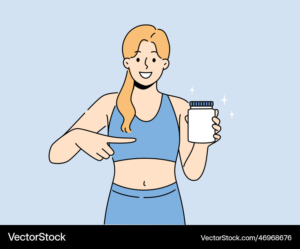 Smiling sportswoman recommend protein Royalty Free Vector