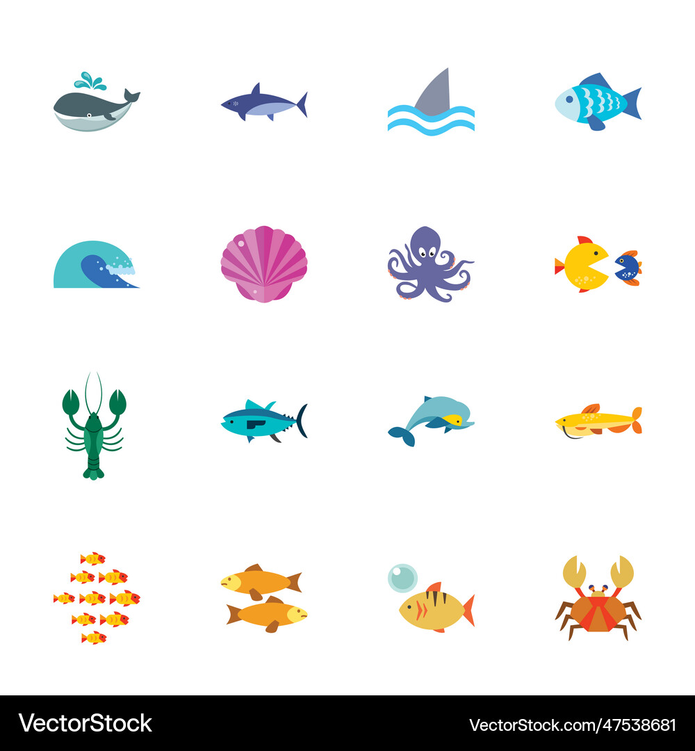 Marine life collection colorful flat icon set Vector Image