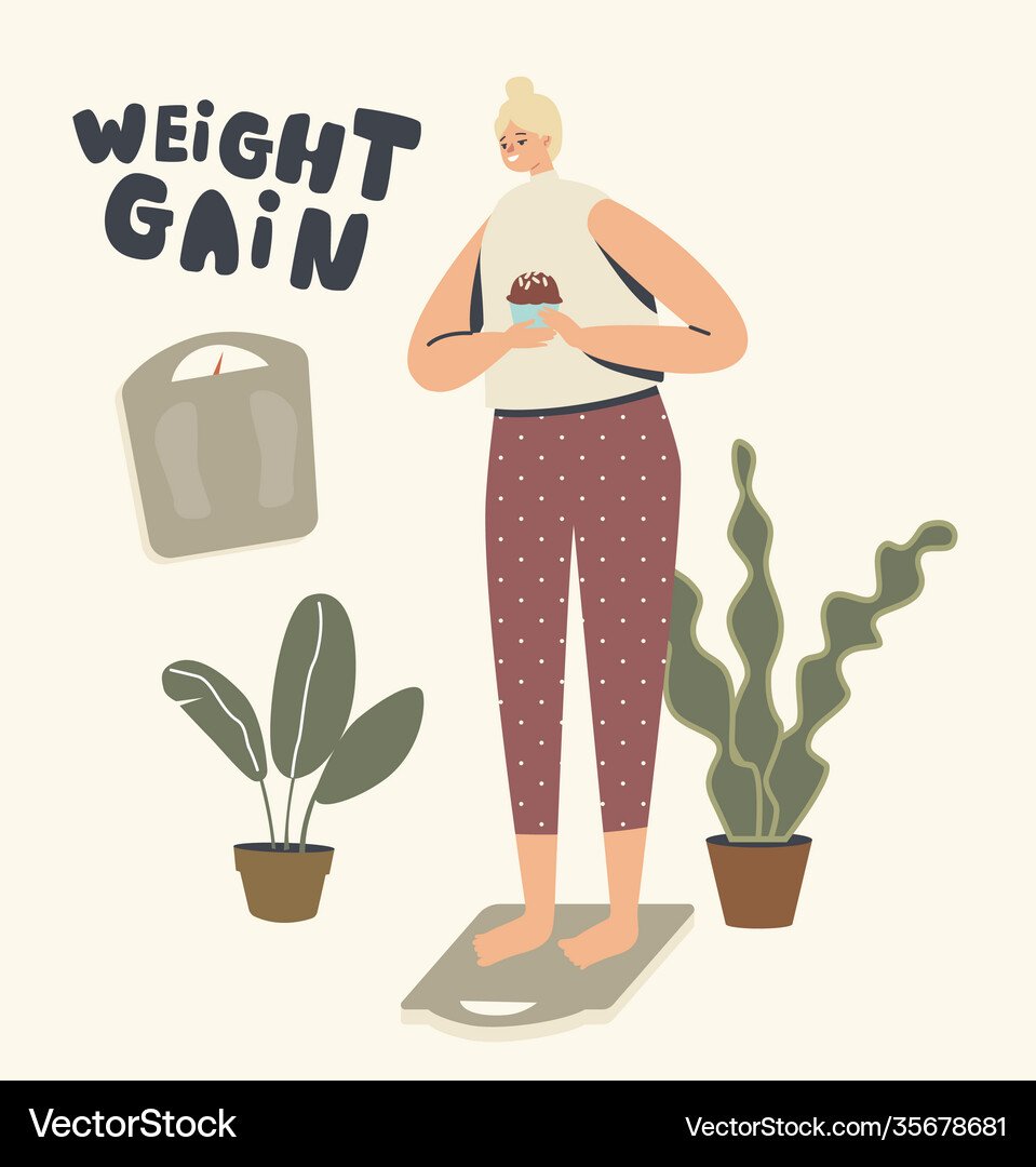 Weight gain concept female character stand Vector Image