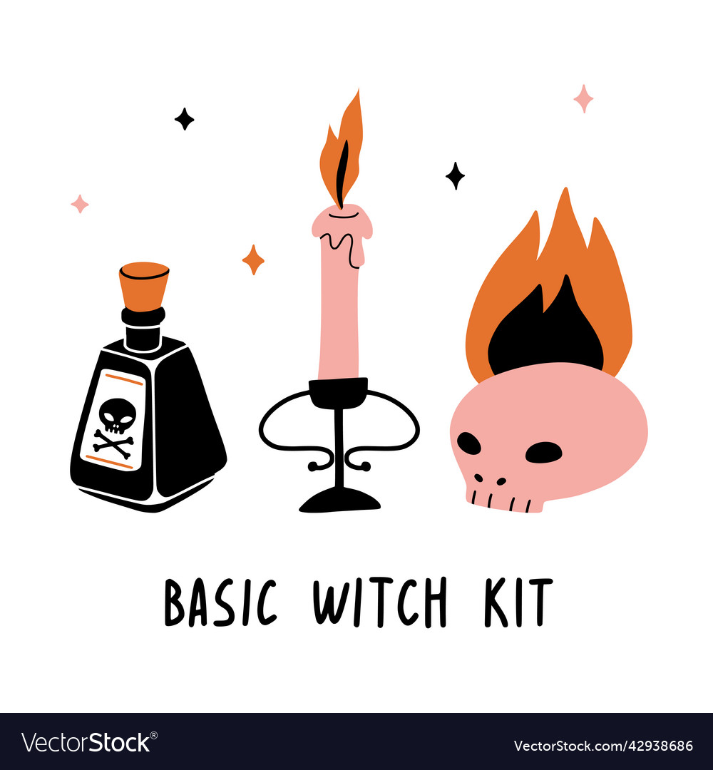 Basic witch kit magic print card hand drawn flat Vector Image