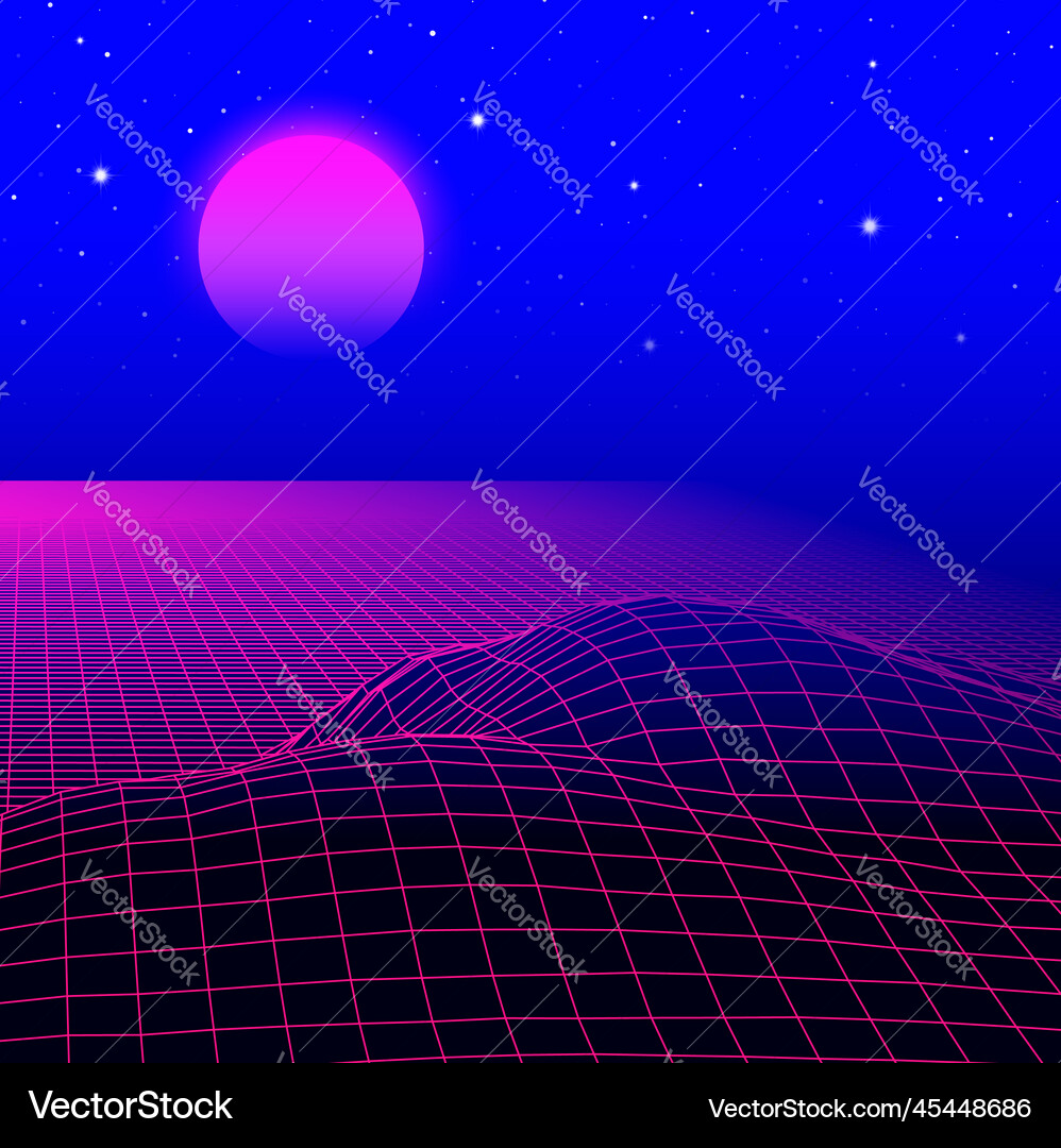 Landscape with wireframe grid of 80s styled retro Vector Image