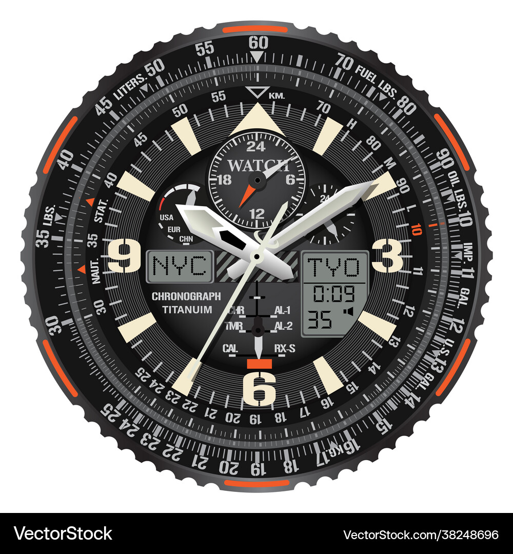 Realistic clock watch chronograph face black metal