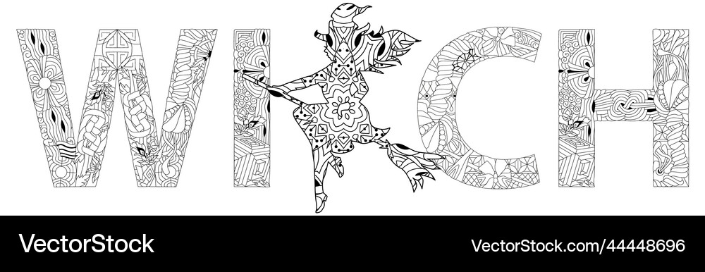 Word witch with silhouette of a witch Royalty Free Vector