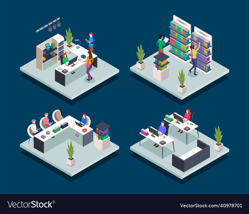 Modern book library isometric color set people Vector Image
