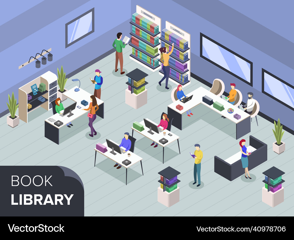 People at modern book library isometric color Vector Image