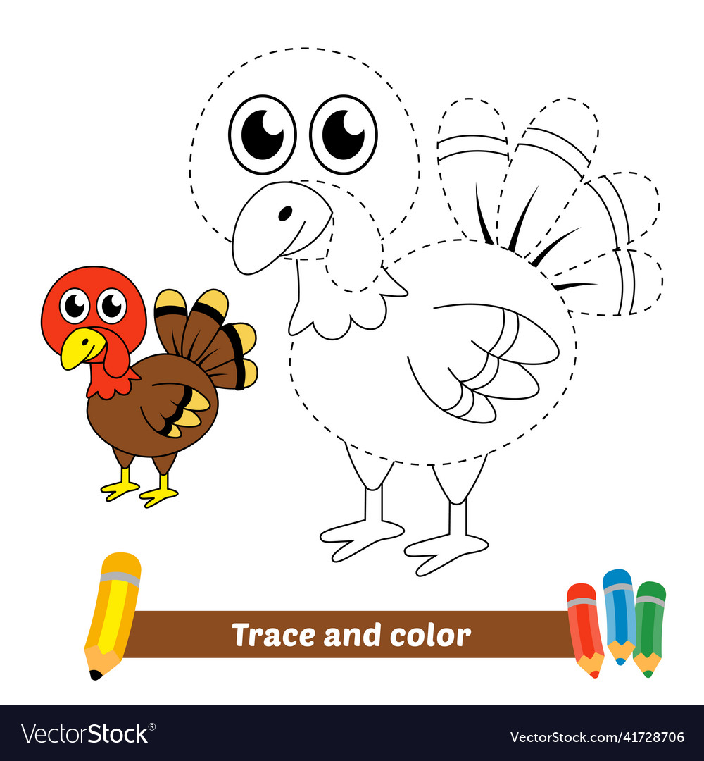 Trace and color for kids turkey chicken Royalty Free Vector
