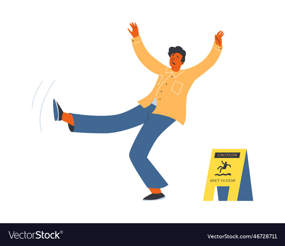 Panic falling man yellow triangular wet floor Vector Image
