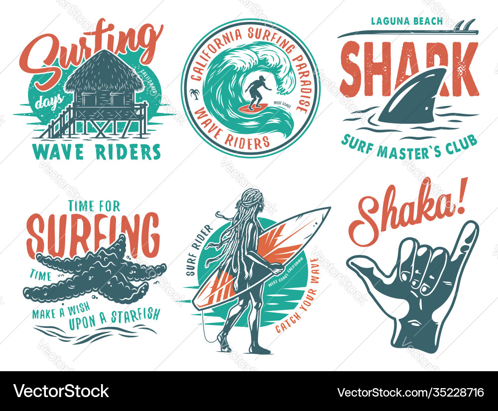 Summer surfing print set with surfer shaka wave Vector Image