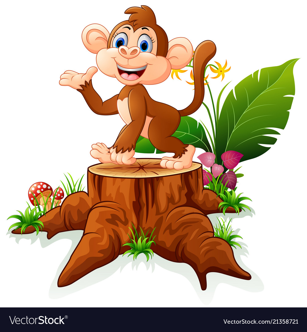 Cute monkey posing on tree stump Royalty Free Vector Image