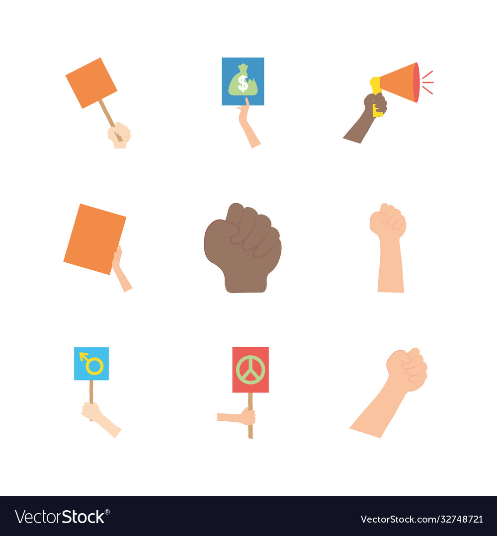 Icon set protesting hands flat style Royalty Free Vector