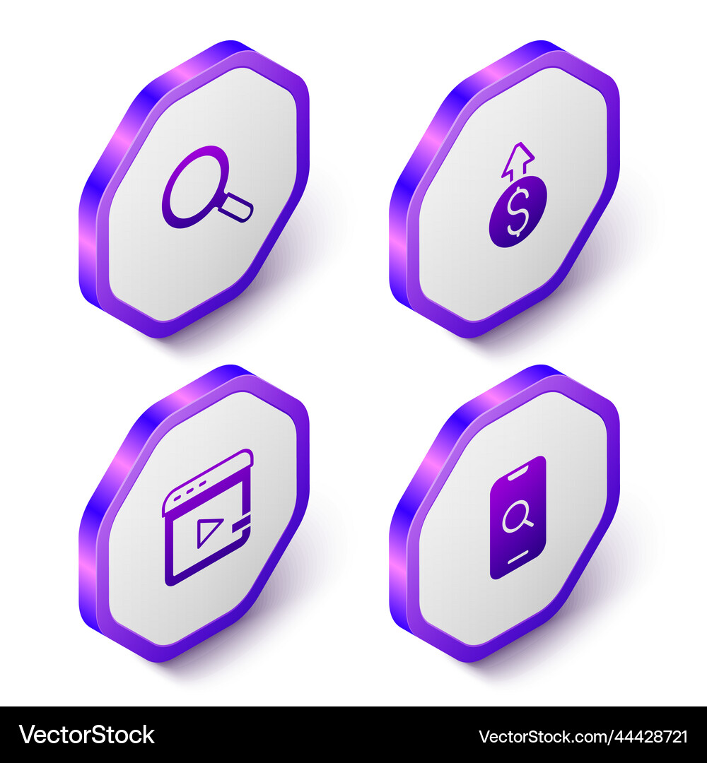 Set isometric magnifying glass financial growth Vector Image