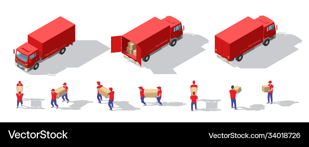 Isometric big set delivery man logistics icons Vector Image