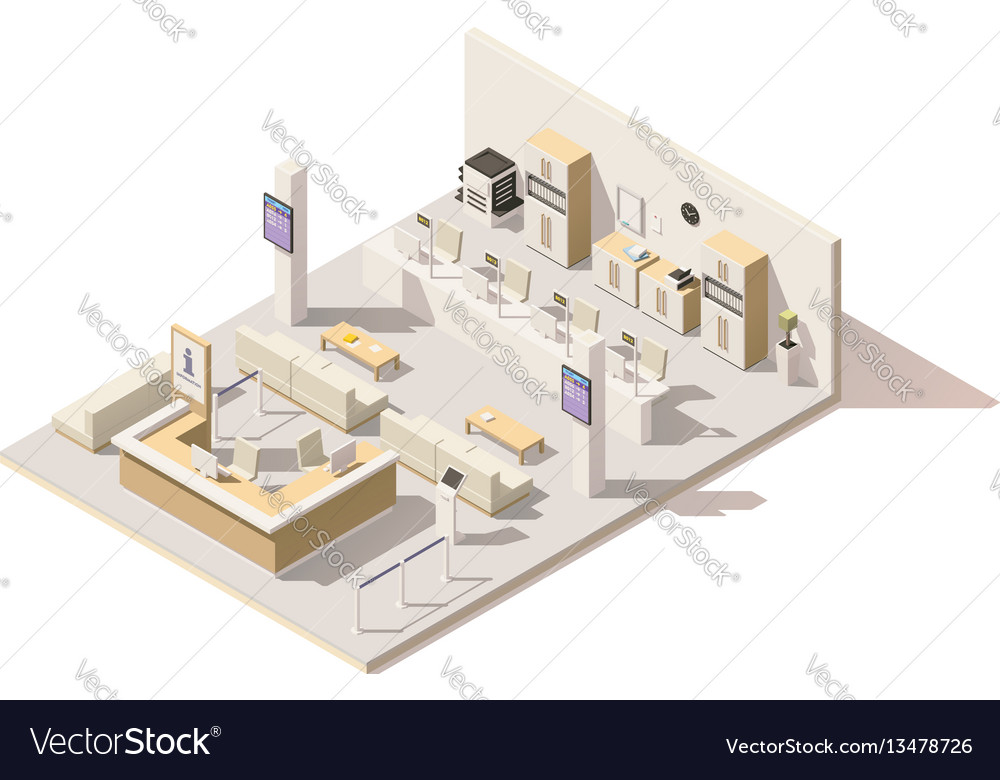Isometric low poly queue management system Vector Image