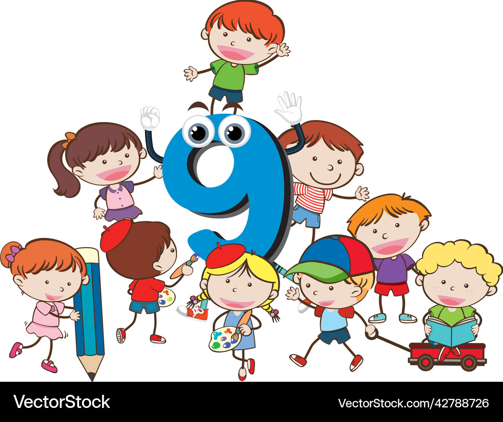 Nine kids attached to number Royalty Free Vector Image