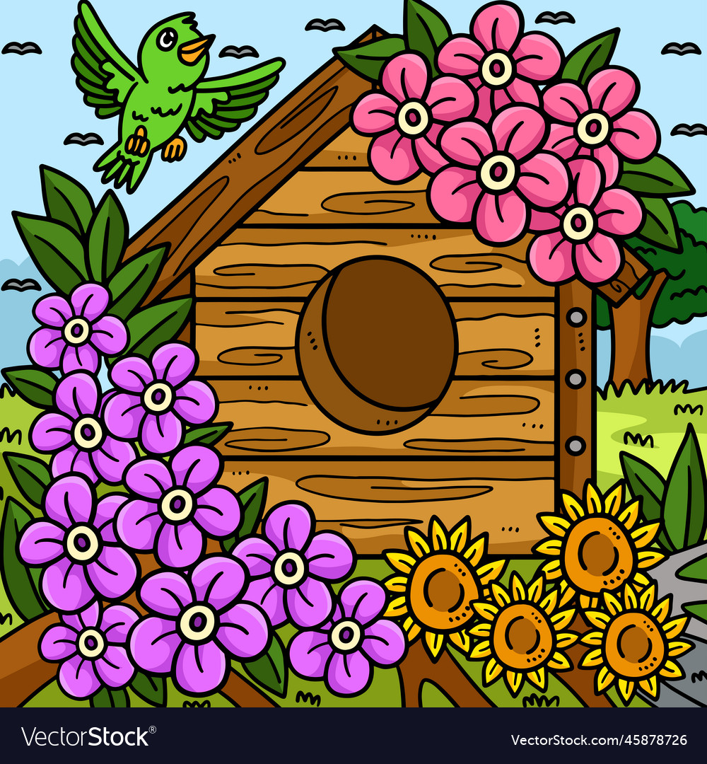 Spring bird house with flowers colored Royalty Free Vector