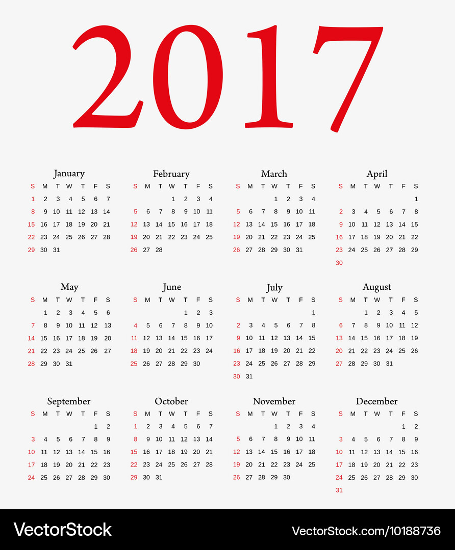 Calendar 2017 week starts from sunday Royalty Free Vector