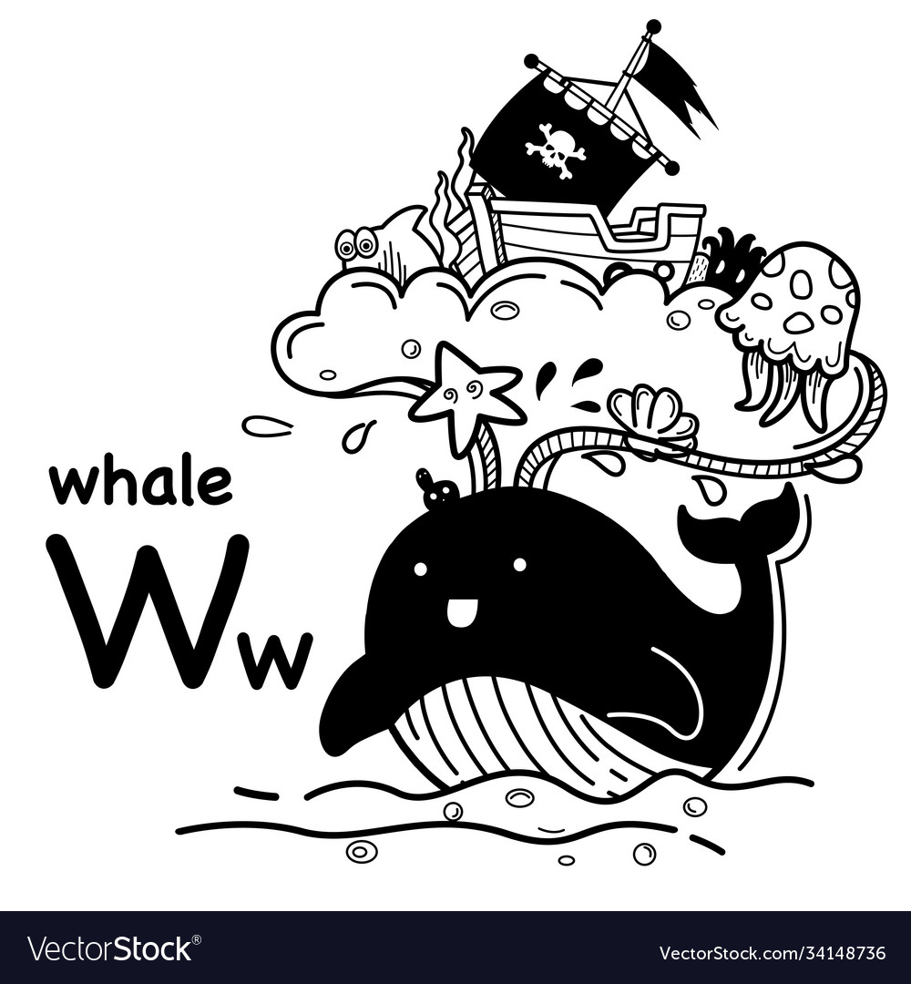 Hand drawnalphabet letter w-whale Royalty Free Vector Image