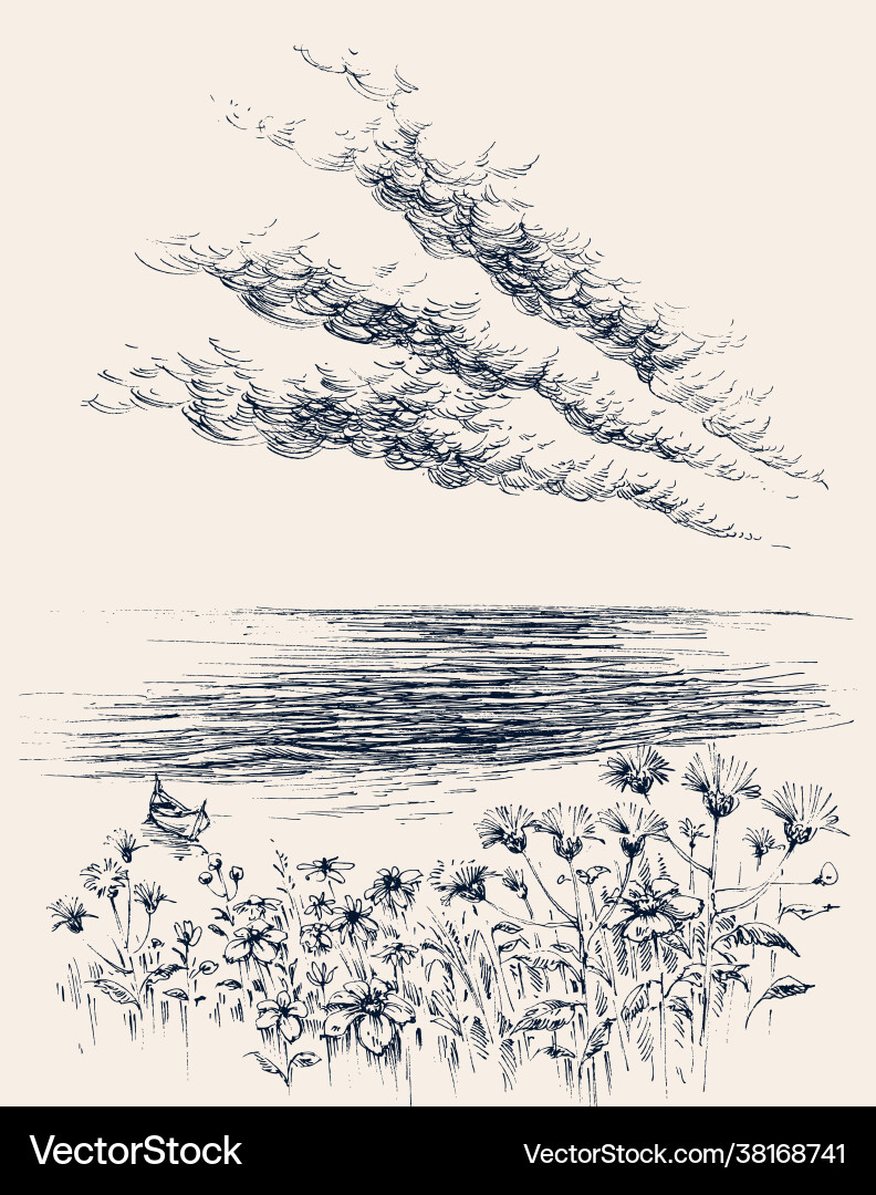 Seascape hand drawing sea view from shore Vector Image