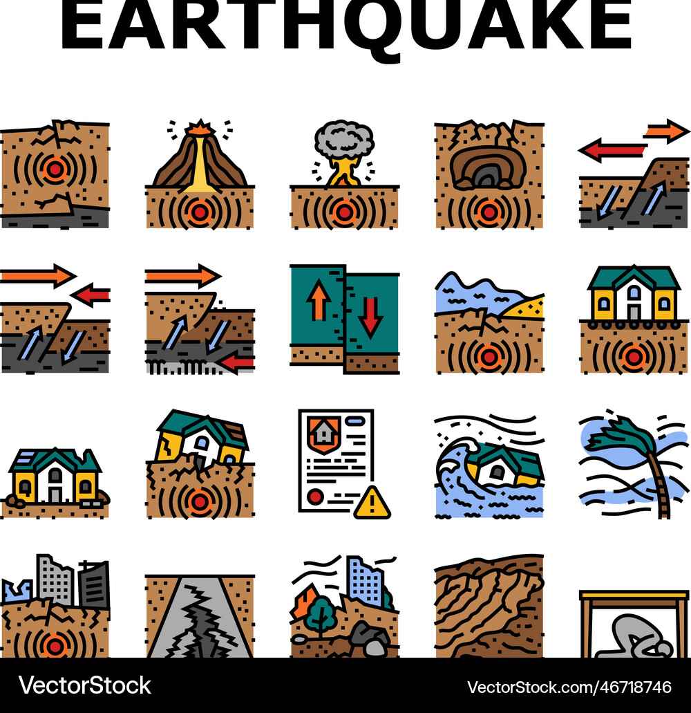 Earthquake disaster wave crack icons set Vector Image